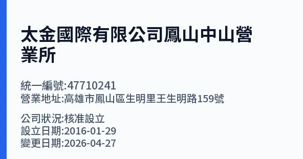 太金國際有限公司鳳山中山營業所的照片-統編 47710241(高雄市) 公司登記資料與營業項目詳細圖表