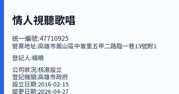 情人視聽歌唱的照片-統編 47710925(高雄市) 公司登記資料與營業項目詳細圖表