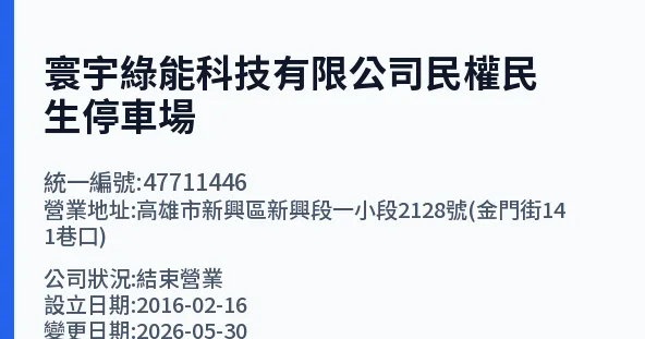 寰宇綠能科技有限公司民權民生停車場的照片-統編 47711446(高雄市) 公司登記資料與營業項目詳細圖表