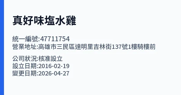 真好味塩水雞的照片-統編 47711754(高雄市) 公司登記資料與營業項目詳細圖表