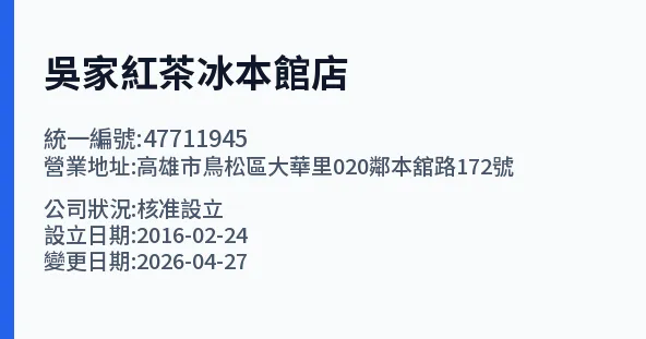 吳家紅茶冰本館店的照片-統編 47711945(高雄市) 公司登記資料與營業項目詳細圖表
