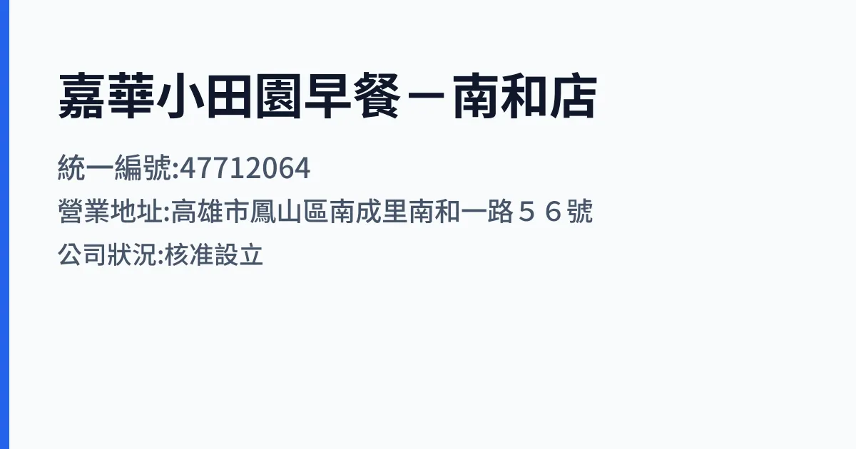 嘉華小田園早餐-南和店 - 統編 47712064(高雄市) 公司登記資料與營業項目詳細圖表