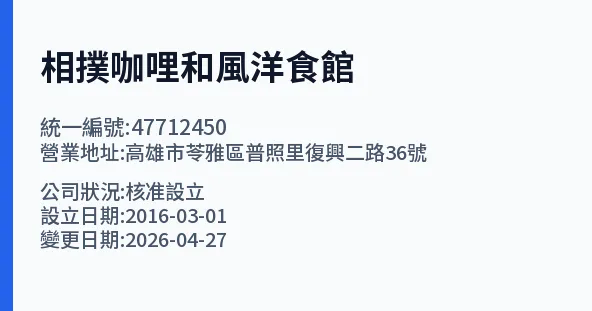 相撲咖哩和風洋食館的照片-統編 47712450(高雄市) 公司登記資料與營業項目詳細圖表