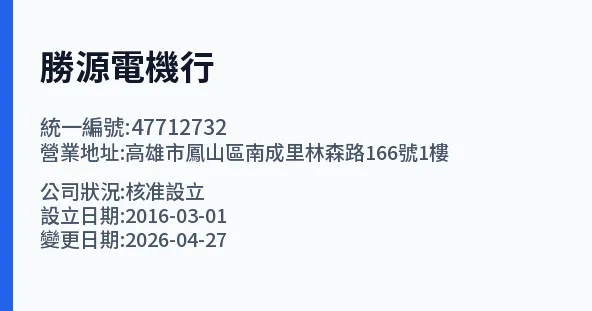 勝源電機行的照片-統編 47712732(高雄市) 公司登記資料與營業項目詳細圖表