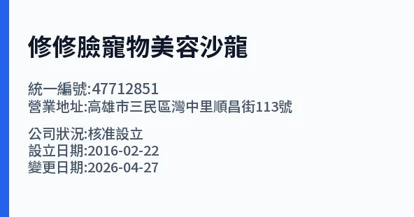 修修臉寵物美容沙龍的照片-統編 47712851(高雄市) 公司登記資料與營業項目詳細圖表