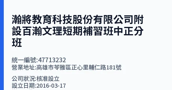 瀚將教育科技股份有限公司附設百瀚文理短期補習班中正分班的照片-統編 47713232(高雄市) 公司登記資料與營業項目詳細圖表