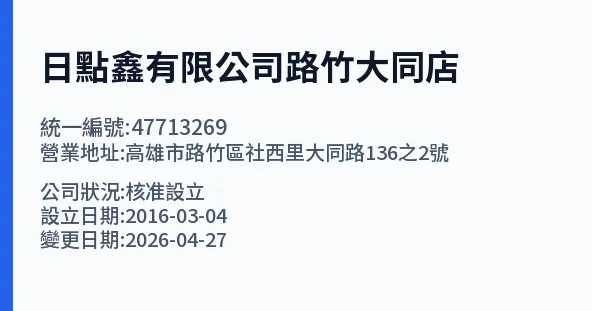 日點鑫有限公司路竹大同店的照片-統編 47713269(高雄市) 公司登記資料與營業項目詳細圖表