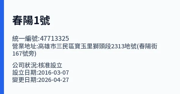春陽1號的照片-統編 47713325(高雄市) 公司登記資料與營業項目詳細圖表