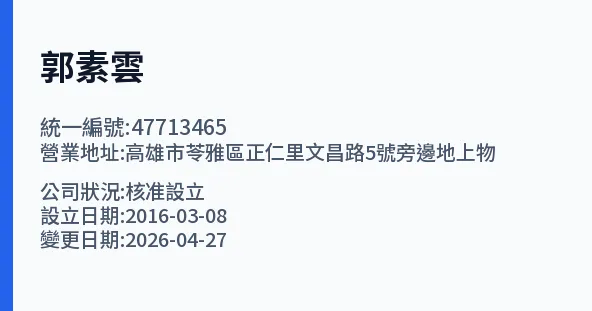 郭素雲的照片-統編 47713465(高雄市) 公司登記資料與營業項目詳細圖表