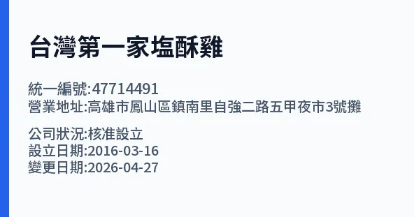 台灣第一家塩酥雞的照片-統編 47714491(高雄市) 公司登記資料與營業項目詳細圖表