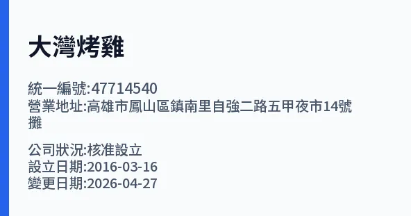 大灣烤雞的照片-統編 47714540(高雄市) 公司登記資料與營業項目詳細圖表