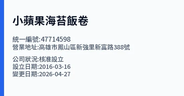 小蘋果海苔飯卷的照片-統編 47714598(高雄市) 公司登記資料與營業項目詳細圖表