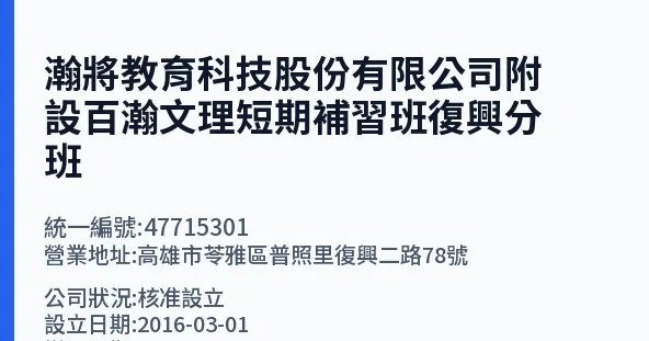 瀚將教育科技股份有限公司附設百瀚文理短期補習班復興分班的照片-統編 47715301(高雄市) 公司登記資料與營業項目詳細圖表