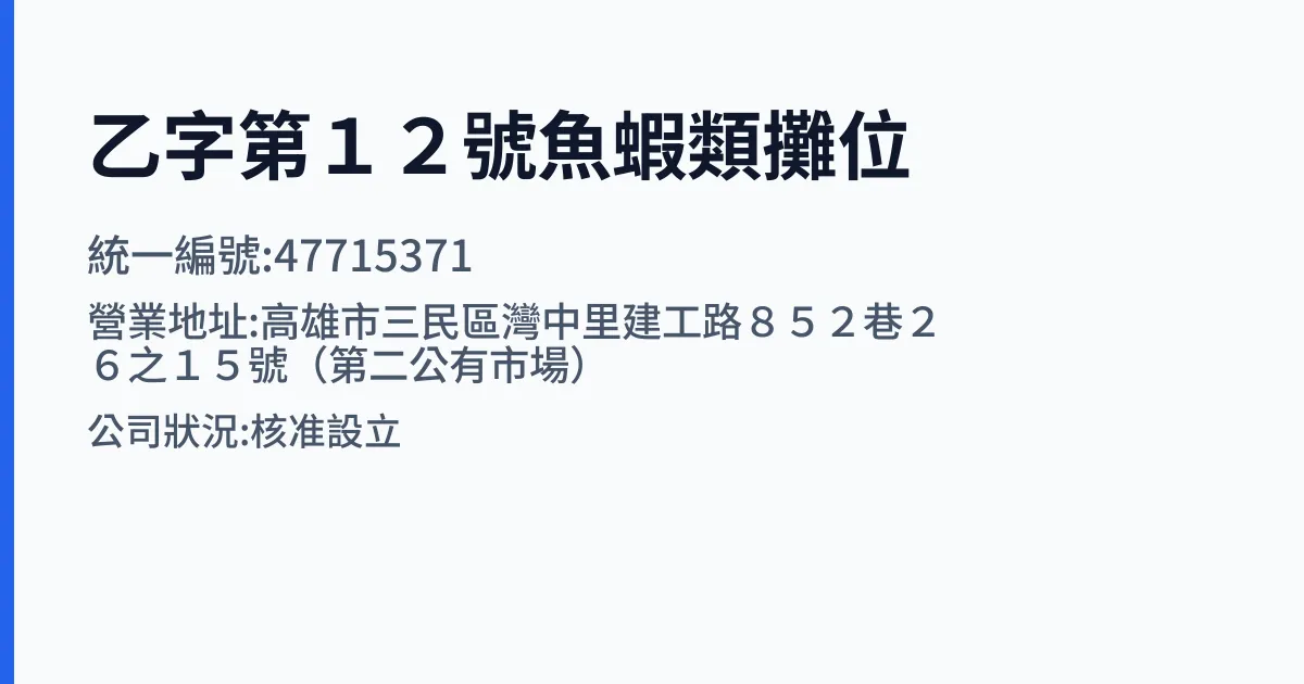 乙字第１２號魚蝦類攤位 - 統編 47715371(高雄市) 公司登記資料與營業項目詳細圖表