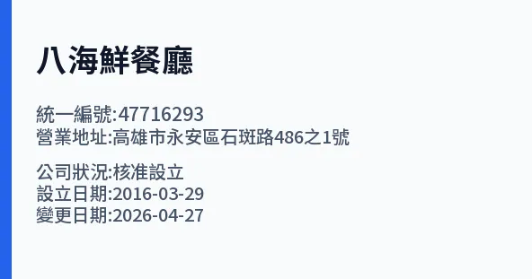 八海鮮餐廳的照片-統編 47716293(高雄市) 公司登記資料與營業項目詳細圖表