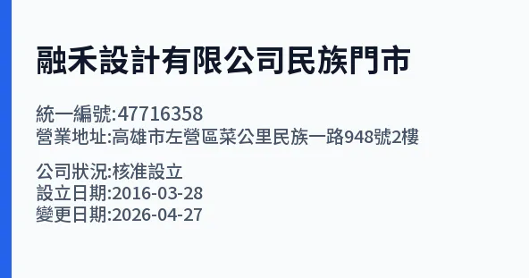 融禾設計有限公司民族門市的照片-統編 47716358(高雄市) 公司登記資料與營業項目詳細圖表
