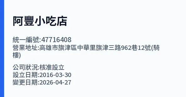 阿豐小吃店的照片-統編 47716408(高雄市) 公司登記資料與營業項目詳細圖表