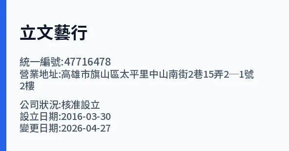 立文藝行的照片-統編 47716478(高雄市) 公司登記資料與營業項目詳細圖表