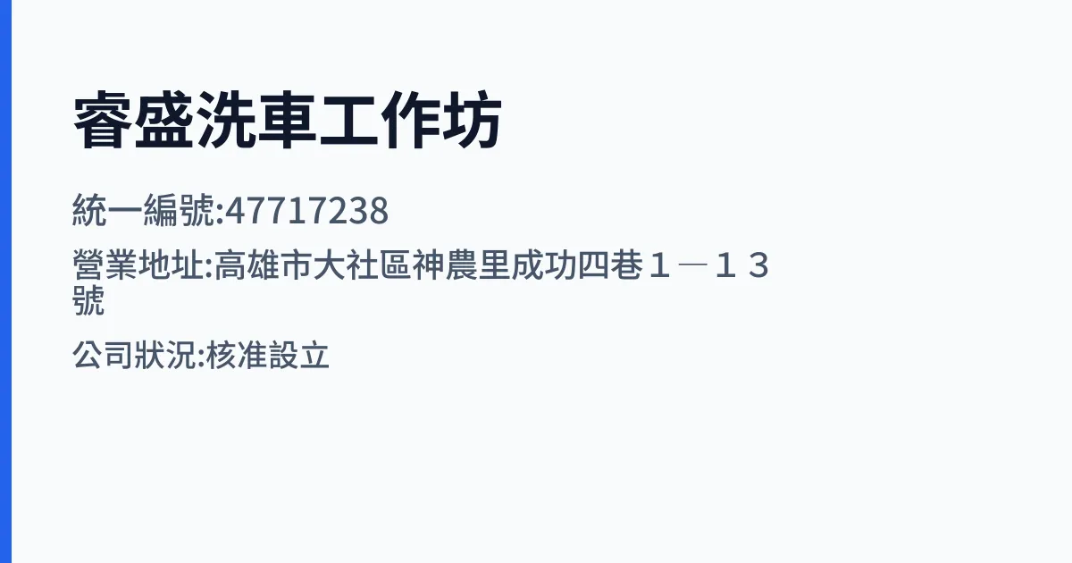 睿盛洗車工作坊 - 統編 47717238(高雄市) 公司登記資料與營業項目詳細圖表