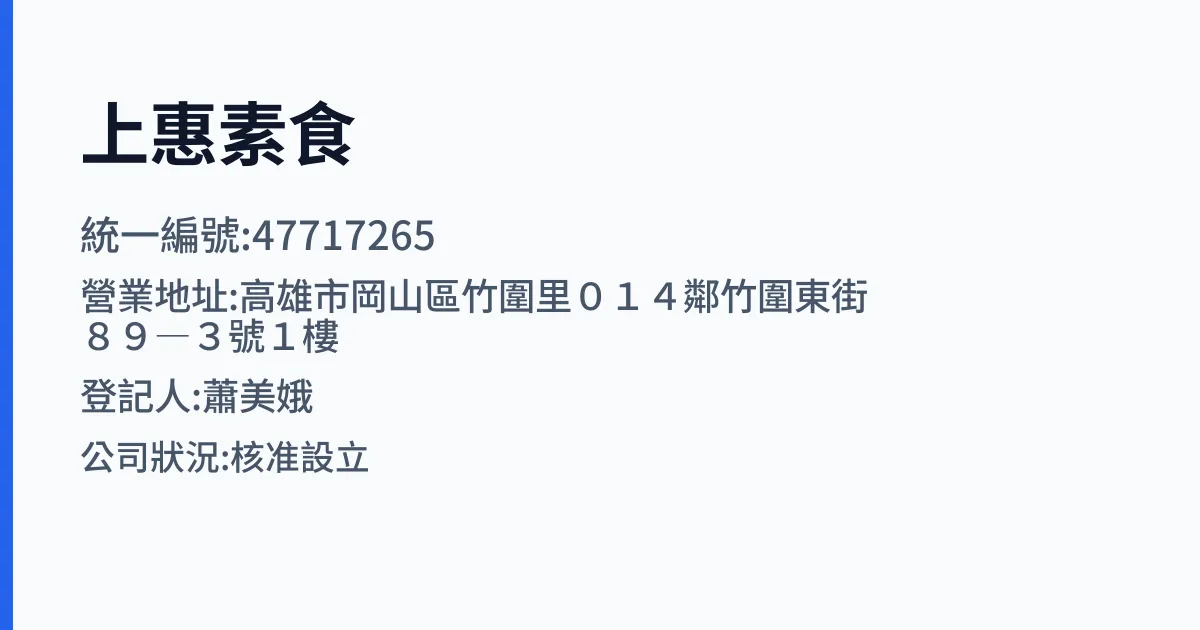 上惠素食 - 統編 47717265(高雄市) 公司登記資料與營業項目詳細圖表