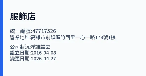 服飾店的照片-統編 47717526(高雄市) 公司登記資料與營業項目詳細圖表