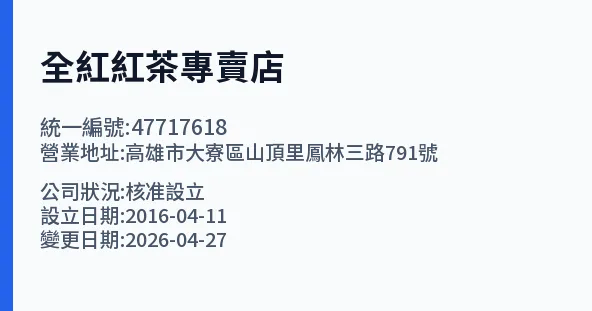 全紅紅茶專賣店的照片-統編 47717618(高雄市) 公司登記資料與營業項目詳細圖表