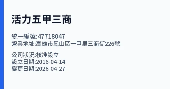 活力五甲三商的照片-統編 47718047(高雄市) 公司登記資料與營業項目詳細圖表