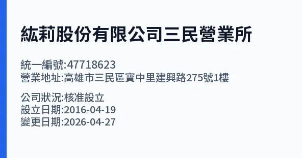 紘莉股份有限公司三民營業所的照片-統編 47718623(高雄市) 公司登記資料與營業項目詳細圖表