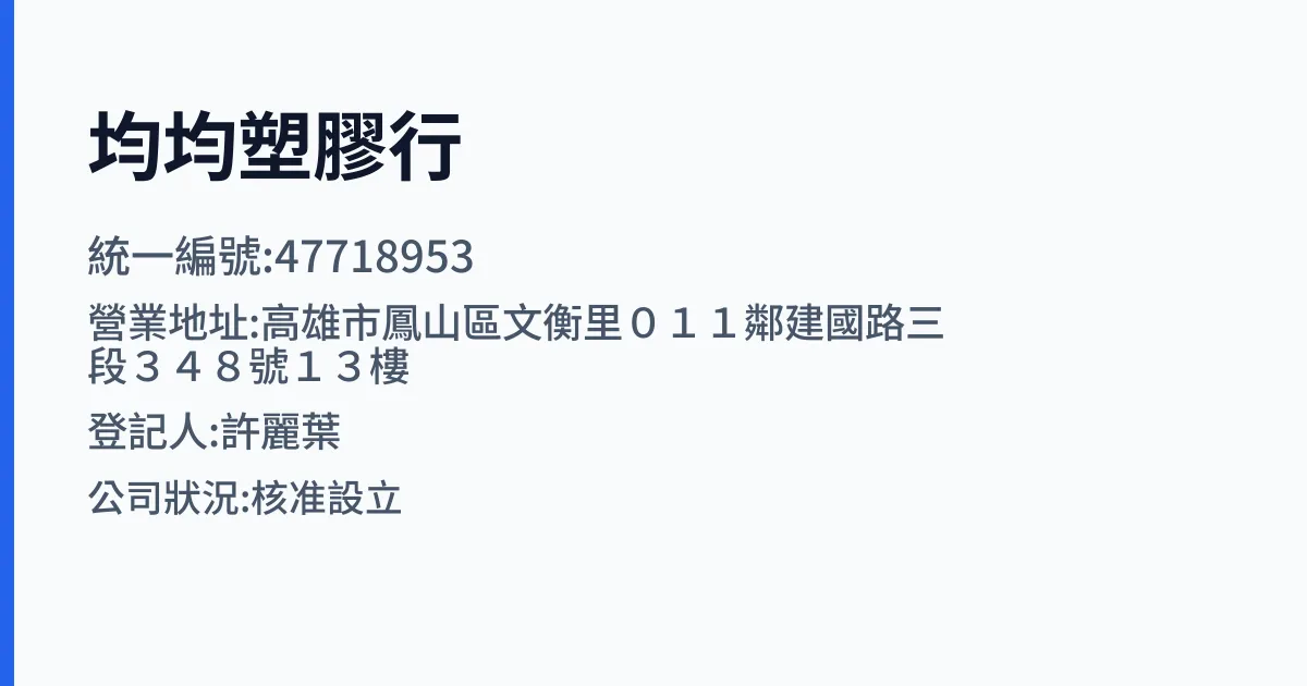 均均塑膠行 - 統編 47718953(高雄市) 公司登記資料與營業項目詳細圖表