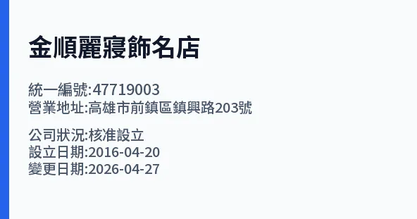 金順麗寢飾名店的照片-統編 47719003(高雄市) 公司登記資料與營業項目詳細圖表