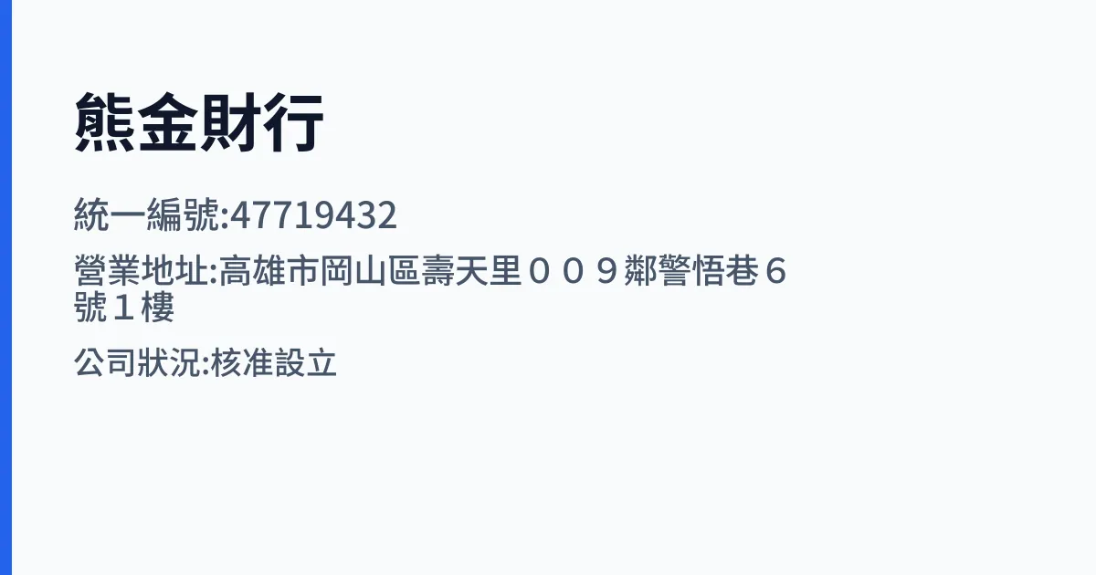 熊金財行 - 統編 47719432(高雄市) 公司登記資料與營業項目詳細圖表
