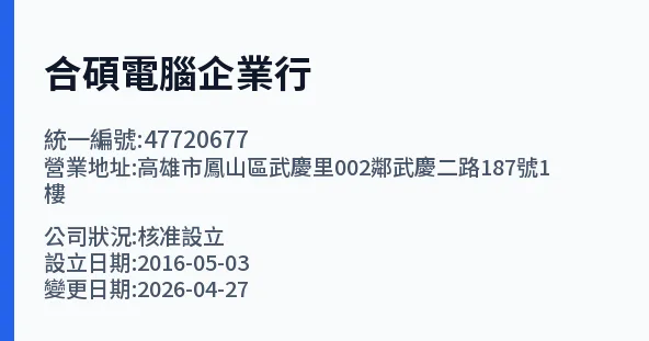合碩電腦企業行的照片-統編 47720677(高雄市) 公司登記資料與營業項目詳細圖表