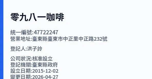 零九八一咖啡的照片-統編 47722247(臺東縣) 公司登記資料與營業項目詳細圖表