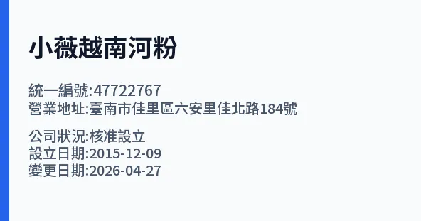 小薇越南河粉的照片-統編 47722767(臺南市) 公司登記資料與營業項目詳細圖表