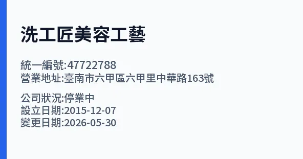 洗工匠美容工藝的照片-統編 47722788(臺南市) 公司登記資料與營業項目詳細圖表
