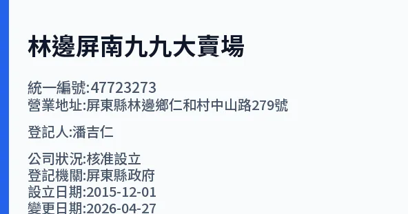 林邊屏南九九大賣場的照片-統編 47723273(屏東縣) 公司登記資料與營業項目詳細圖表