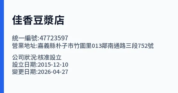 佳香豆漿店的照片-統編 47723597(嘉義縣) 公司登記資料與營業項目詳細圖表