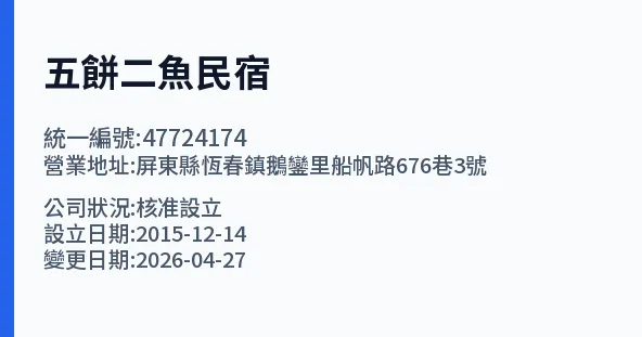 五餅二魚民宿的照片-統編 47724174(屏東縣) 公司登記資料與營業項目詳細圖表