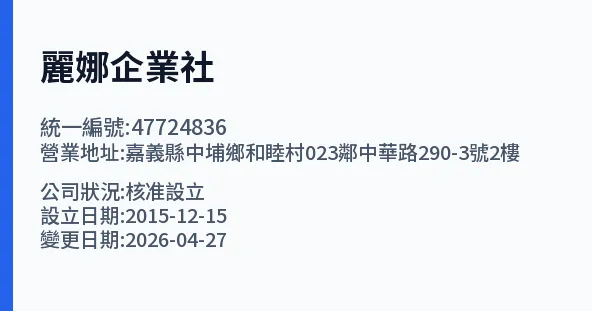 麗娜企業社的照片-統編 47724836(嘉義縣) 公司登記資料與營業項目詳細圖表