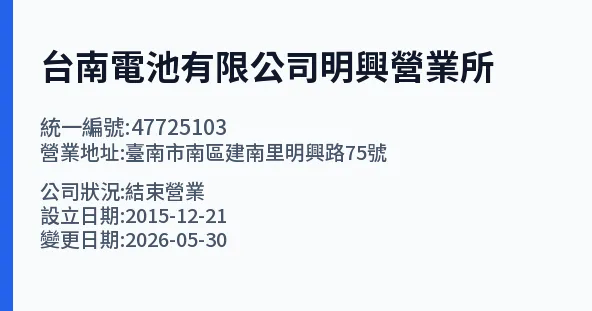 台南電池有限公司明興營業所的照片-統編 47725103(臺南市) 公司登記資料與營業項目詳細圖表