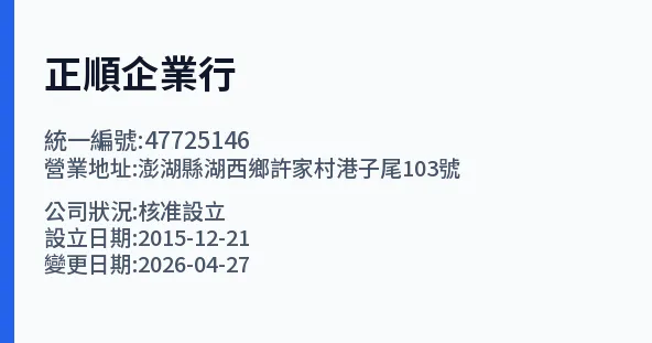 正順企業行的照片-統編 47725146(澎湖縣) 公司登記資料與營業項目詳細圖表