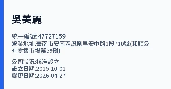 吳美麗的照片-統編 47727159(臺南市) 公司登記資料與營業項目詳細圖表