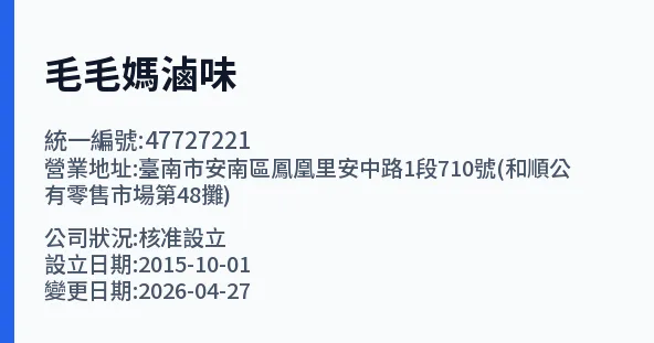 毛毛媽滷味的照片-統編 47727221(臺南市) 公司登記資料與營業項目詳細圖表