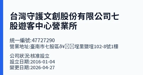 台灣守護文創股份有限公司七股遊客中心營業所的照片-統編 47727290(臺南市) 公司登記資料與營業項目詳細圖表