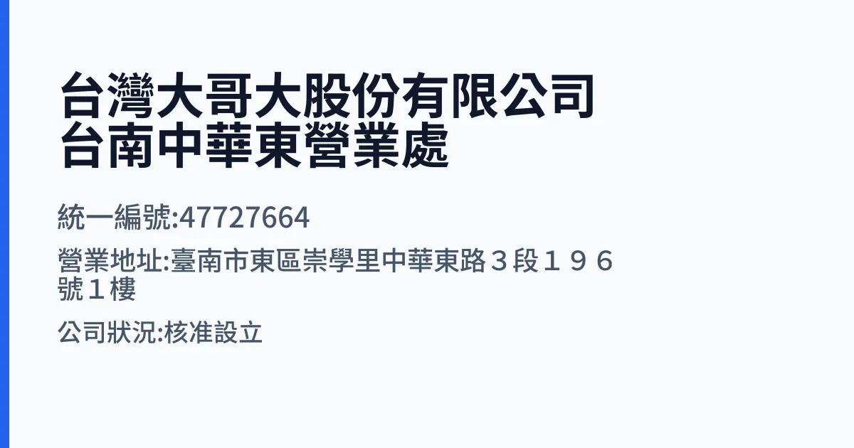 台灣大哥大股份有限公司台南中華東營業處 - 統編 47727664(臺南市) 公司登記資料與營業項目詳細圖表