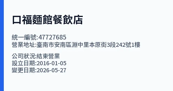 口福麵館餐飲店的照片-統編 47727685(臺南市) 公司登記資料與營業項目詳細圖表