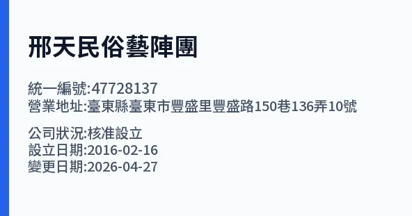 邢天民俗藝陣團的照片-統編 47728137(臺東縣) 公司登記資料與營業項目詳細圖表