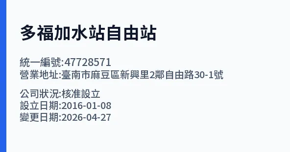 多福加水站自由站的照片-統編 47728571(臺南市) 公司登記資料與營業項目詳細圖表
