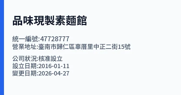 品味現製素麵館的照片-統編 47728777(臺南市) 公司登記資料與營業項目詳細圖表