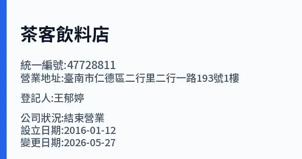 茶客飲料店的照片-統編 47728811(臺南市) 公司登記資料與營業項目詳細圖表